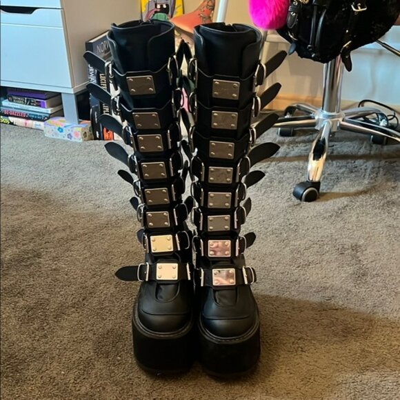 Demonia | Shoes | Demonia Black Kneehigh Combat Boots With Platform ...